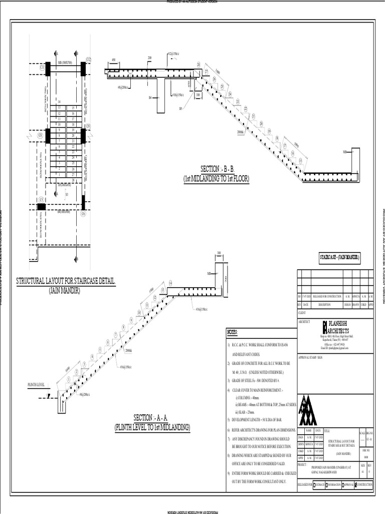 Section Drawing of a Staircase Depicting Dimensions and Reinforcement ...