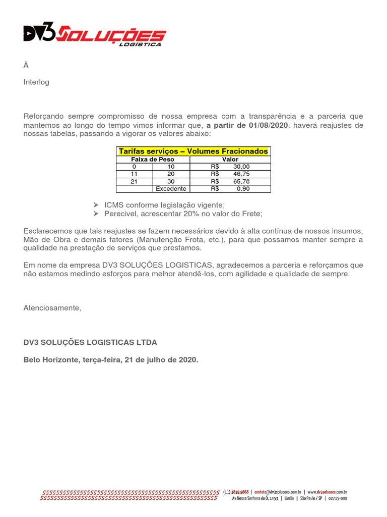 Interlog - Carta Reajuste Frete DV3 | PDF