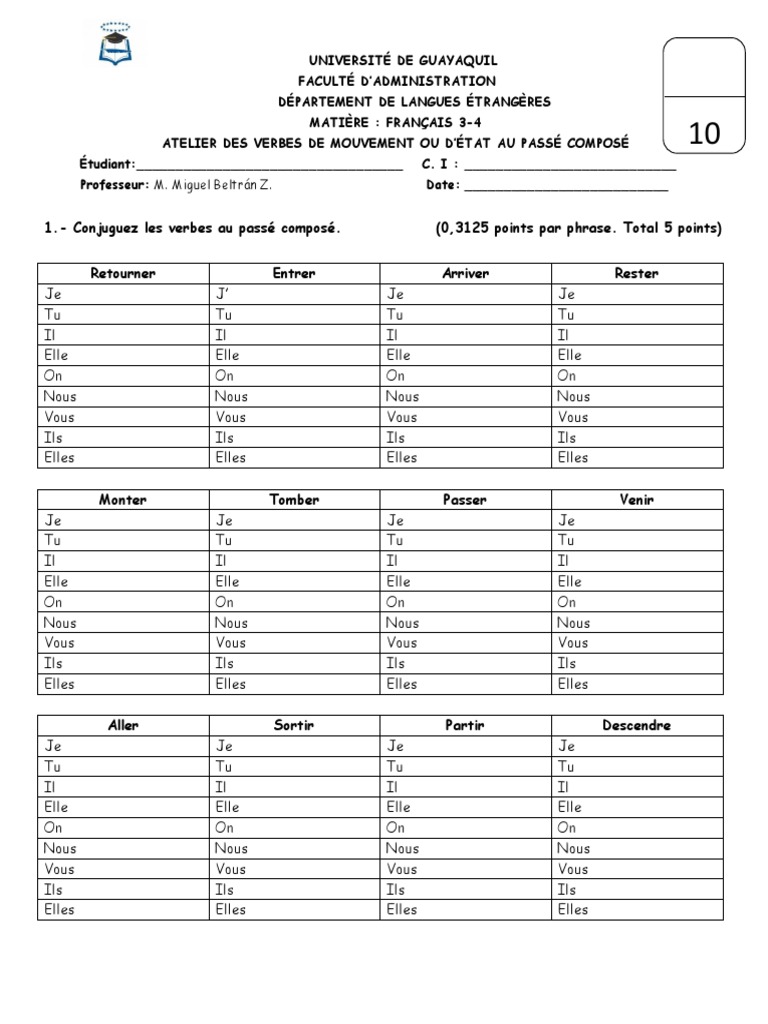 Atelier Des Verbes de Mouvements Au Passé Composé | PDF | Grammaire ...