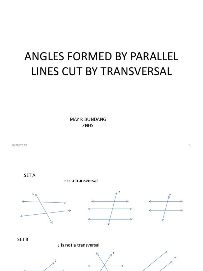 Angles Formed by Parallel Lines Cut by Transversal: May P. Bundang Znhs ...
