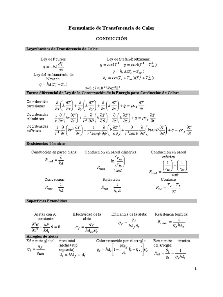 Formulario de Transferencia de Calor CONDUCCION y CONVECCION PDF | PDF | Fenómenos científicos ...