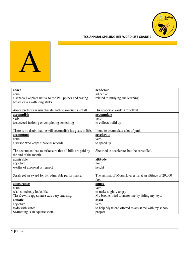 Spelling Bee Word List Grade 5 PDF | PDF | Adjective | Verb