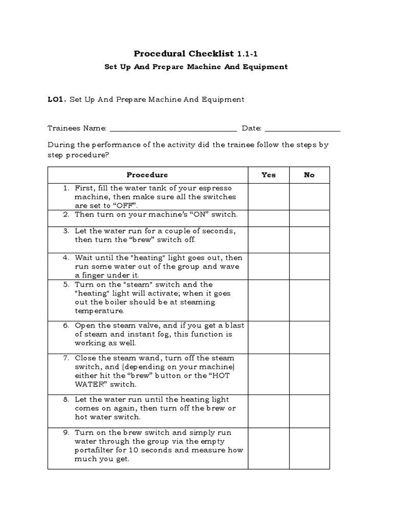 Procedural Checklist: 1.1-1 Set Up and Prepare Machine and Equipment ...