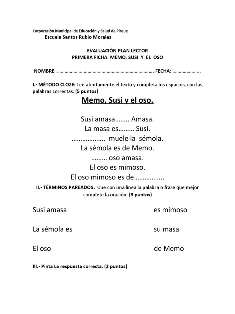 Examen Plan Lector Primer Grado | PDF
