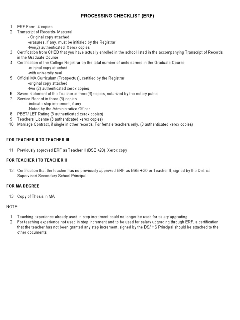 Processing Checklist (Erf) : For Teacher Ii To Teacher Iii | PDF
