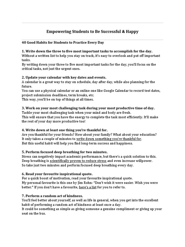 40 Habits for Student Success | PDF | Homework | Habits