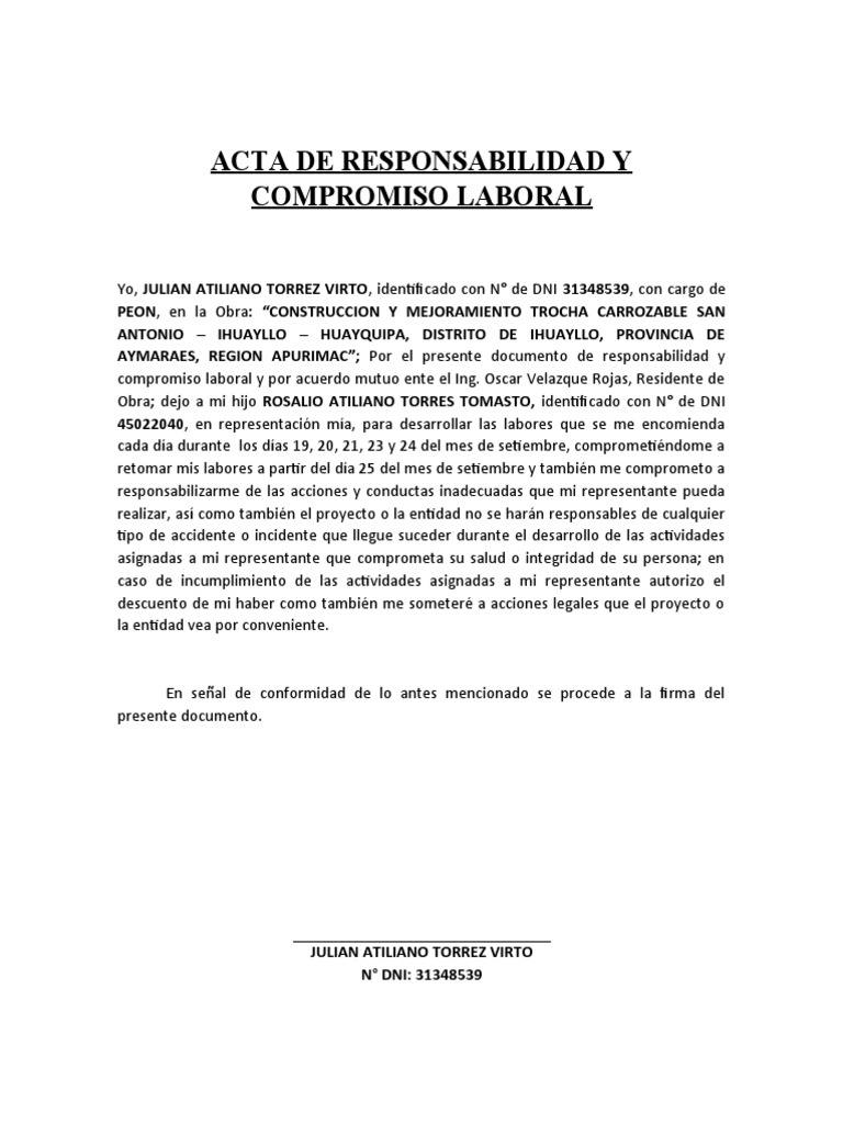 Acta de Compromiso Laboral | PDF