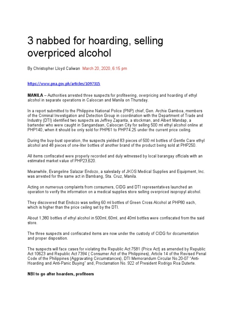 Anti-Hoarding Arrests for Overpriced Alcohol | PDF | Government | Justice