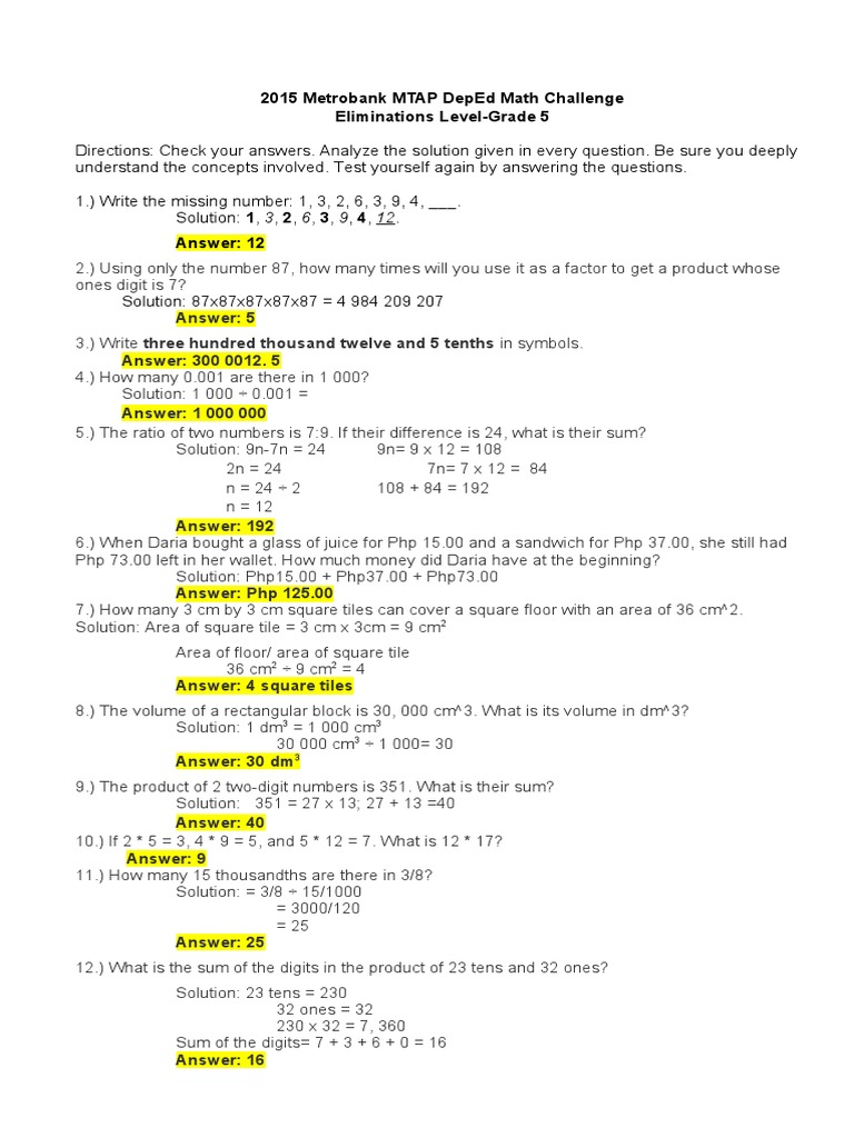 2015 Metrobank Mtap Deped Math Challenge Eliminations Level-Grade 5 ...