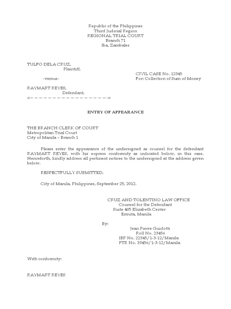 Entry of Appearance - Sample Form | PDF