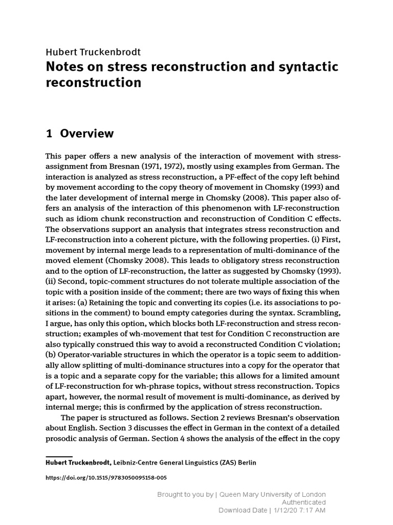Notes On Stress Reconstruction and Syntactic Reconstruction: 1 Overview ...