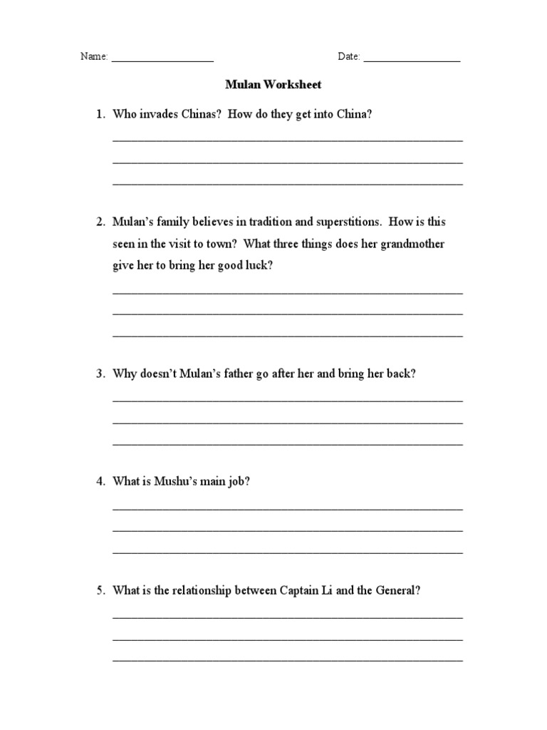 Mulan Worksheet Questions | PDF | Unrest | Violence