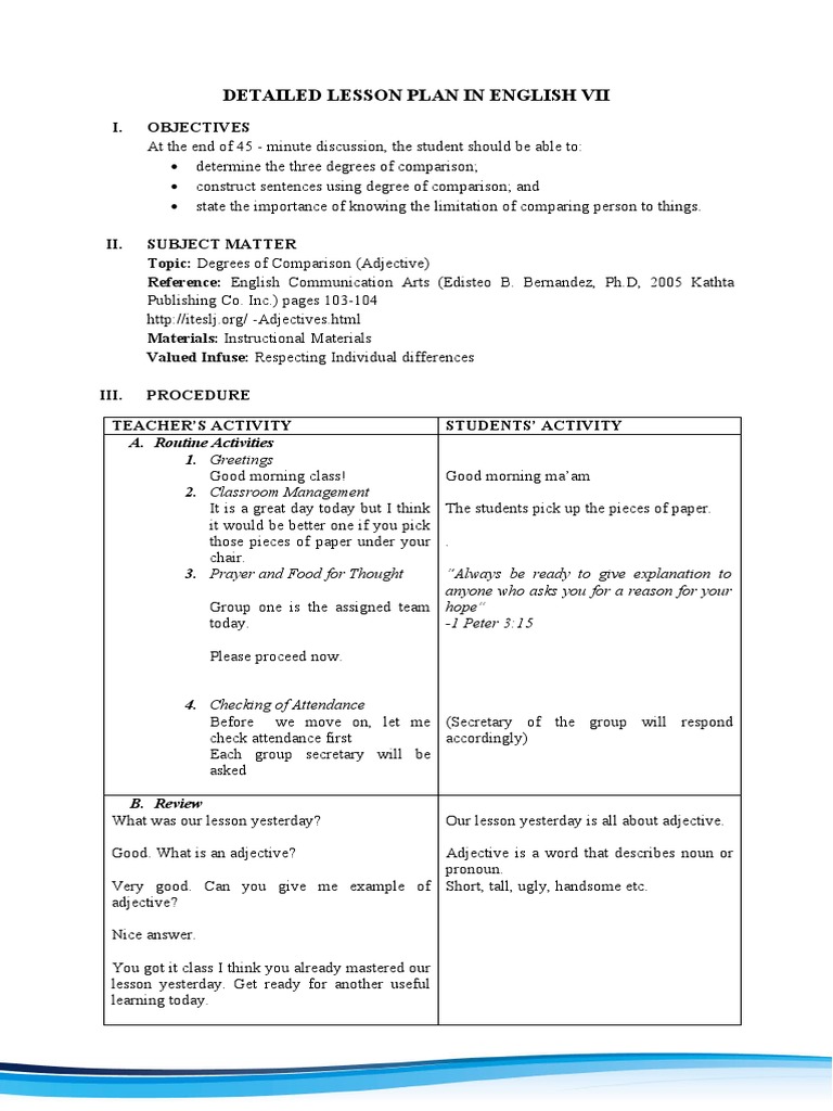 Detailed Lesson Plan in English Vii: A. Routine Activities 1. Greetings ...