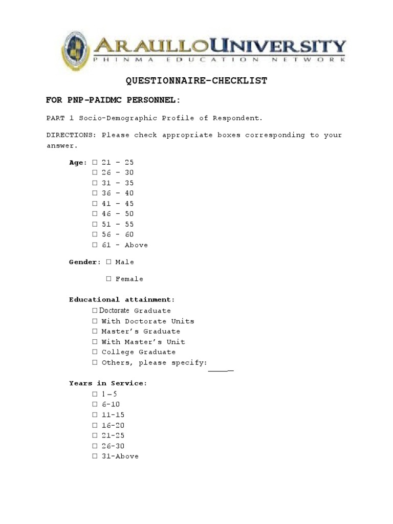 Questionnaire-Checklist: For Pnp-Paidmc Personnel | PDF | Career & Growth