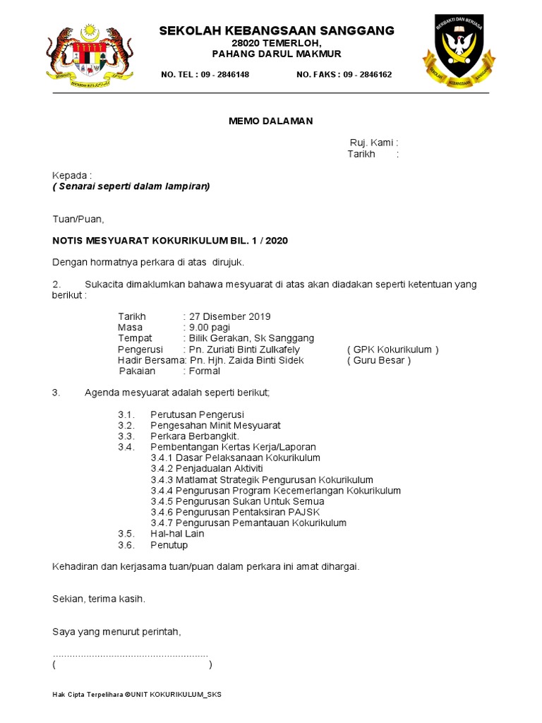 PK 07 LAMPIRAN 1 CONTOH MEMO DALAMAN at NOTIS MESYUARAT | PDF