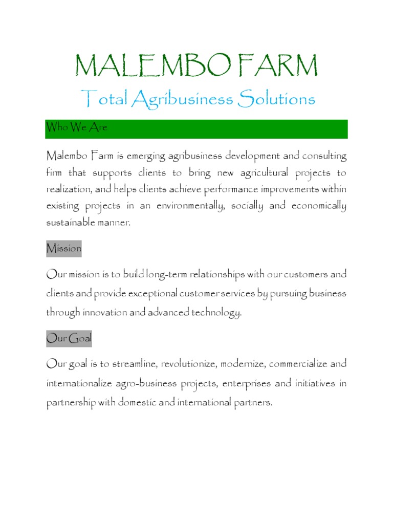 Malembo Farm: Total Agribusiness Solutions | PDF | Irrigation | Agriculture
