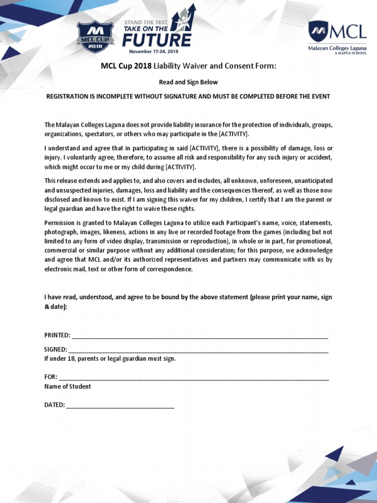 MCL Cup 2018 Liability Waiver and Consent Form | PDF | Finance & Money ...