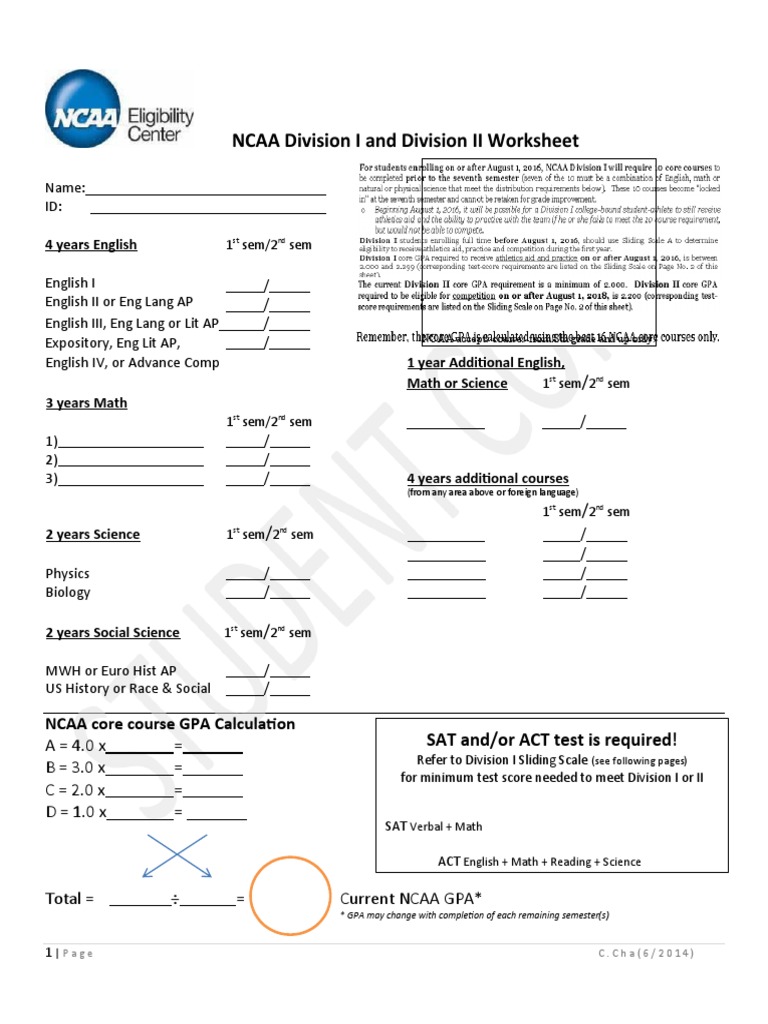 NCAA Division I and Division II Worksheet: Name: ID | PDF | Sat | Tests