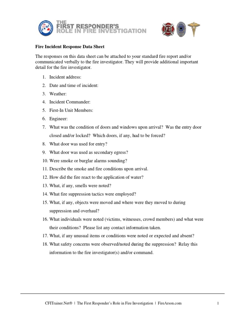 Fire Incident Re Esponse Dat Ta Sheet: Cfitrainer - Ne Et® - The Firs ...
