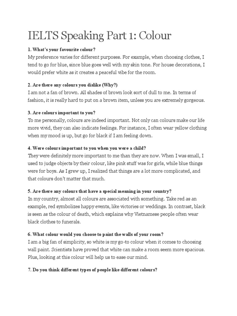 IELTS Speaking Part 1: Colour | PDF | Color | Epistemology