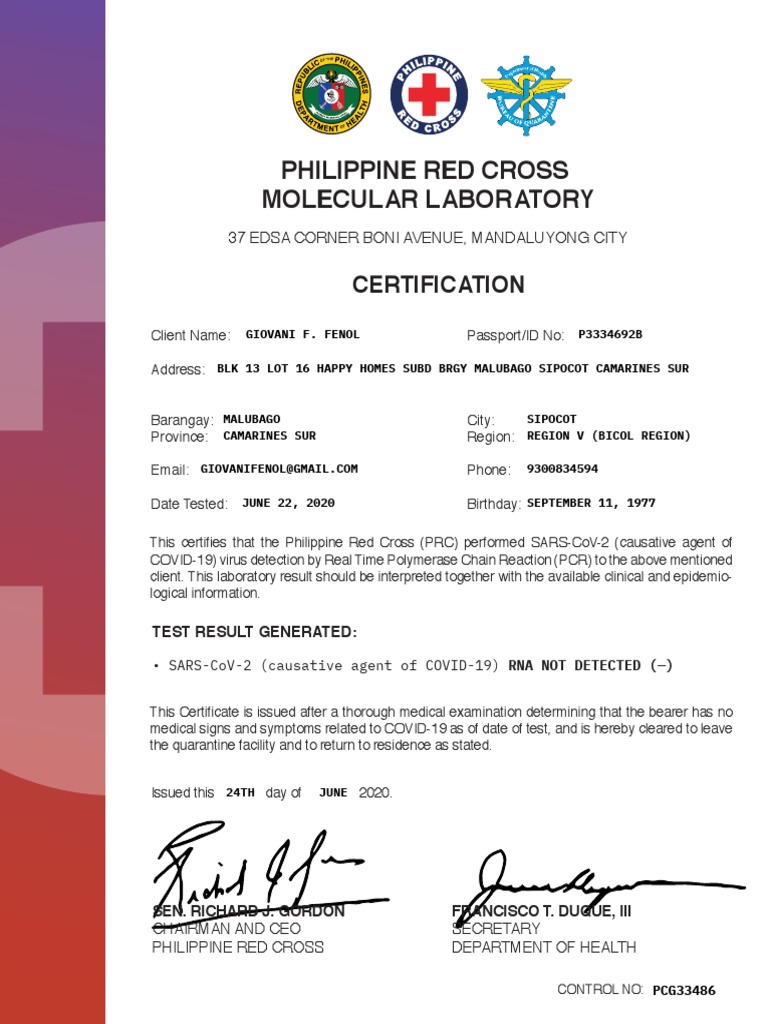 Philippine Red Cross Molecular Laboratory: Certification | PDF