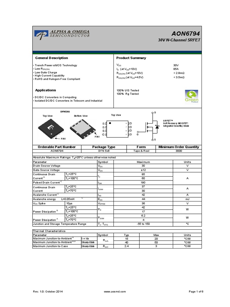 AON6794 30V N-Channel MOSFET Data Sheet | PDF | Field Effect Transistor | Diode