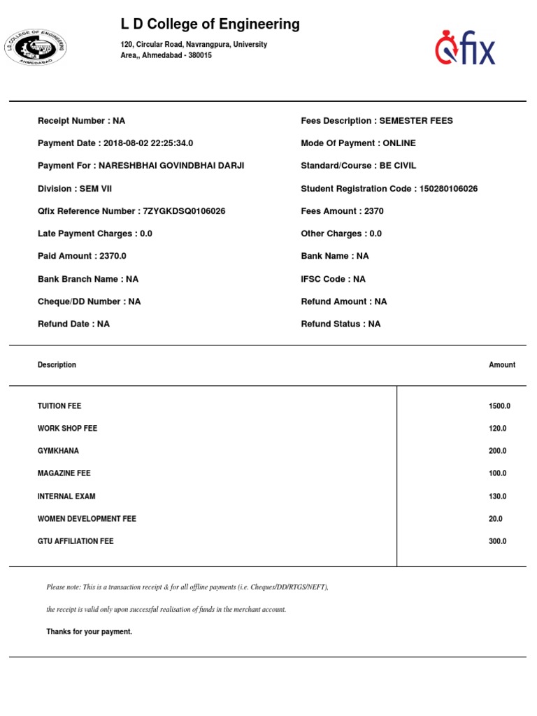 QFIX-PAYMENT-RECEIPT-7thSEMESTER FEES | PDF | Service Industries | Financial Technology