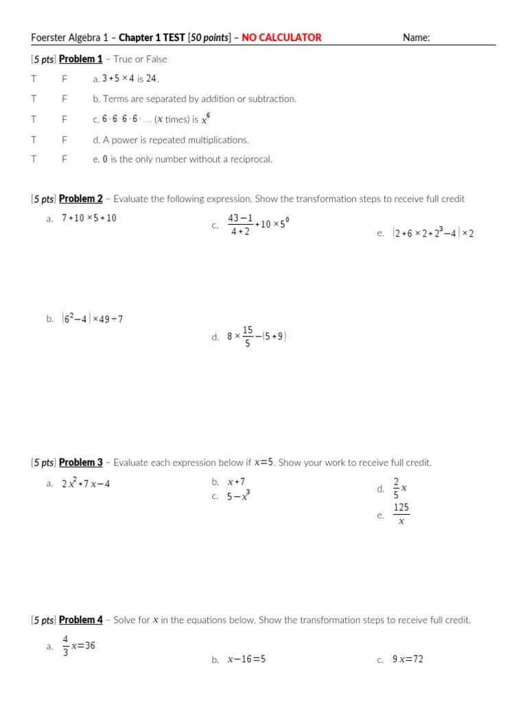 Chapter 1 TEST KEY | Download Free PDF | Multiplication | Algebra
