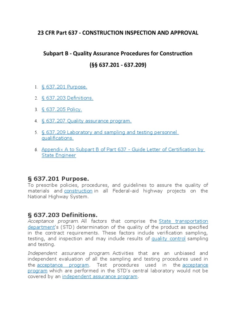 23 CFR Part 637 | PDF | Verification And Validation | Quality Assurance