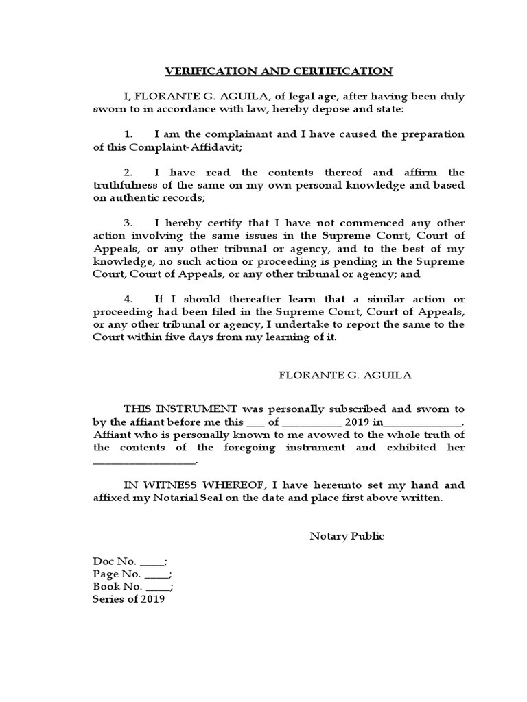 Affidavit of Verification by Florante Aguila | PDF | Law