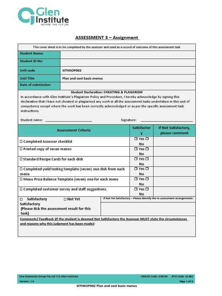 ASSESSMENT 3 SITHKOP002 Plan and Cost Basic Menus | PDF | Menu | Educational Assessment
