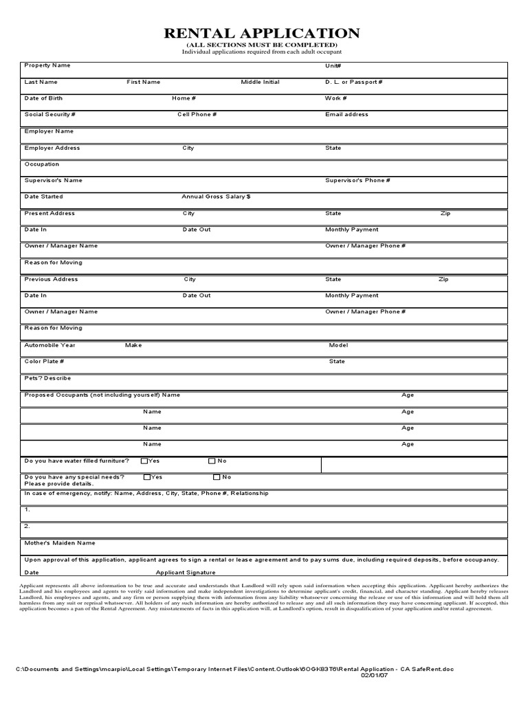 Rental Application: (All Sections Must Be Completed) | PDF | Renting ...