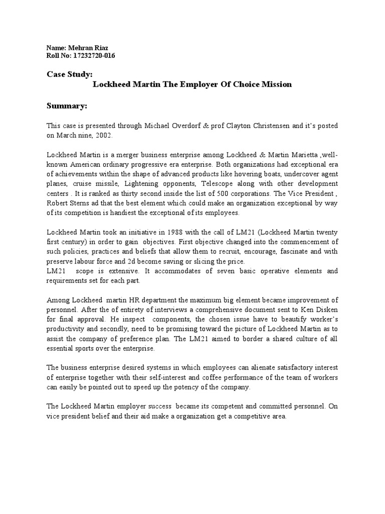 Case Study: Lockheed Martin The Employer of Choice Mission Summary | PDF
