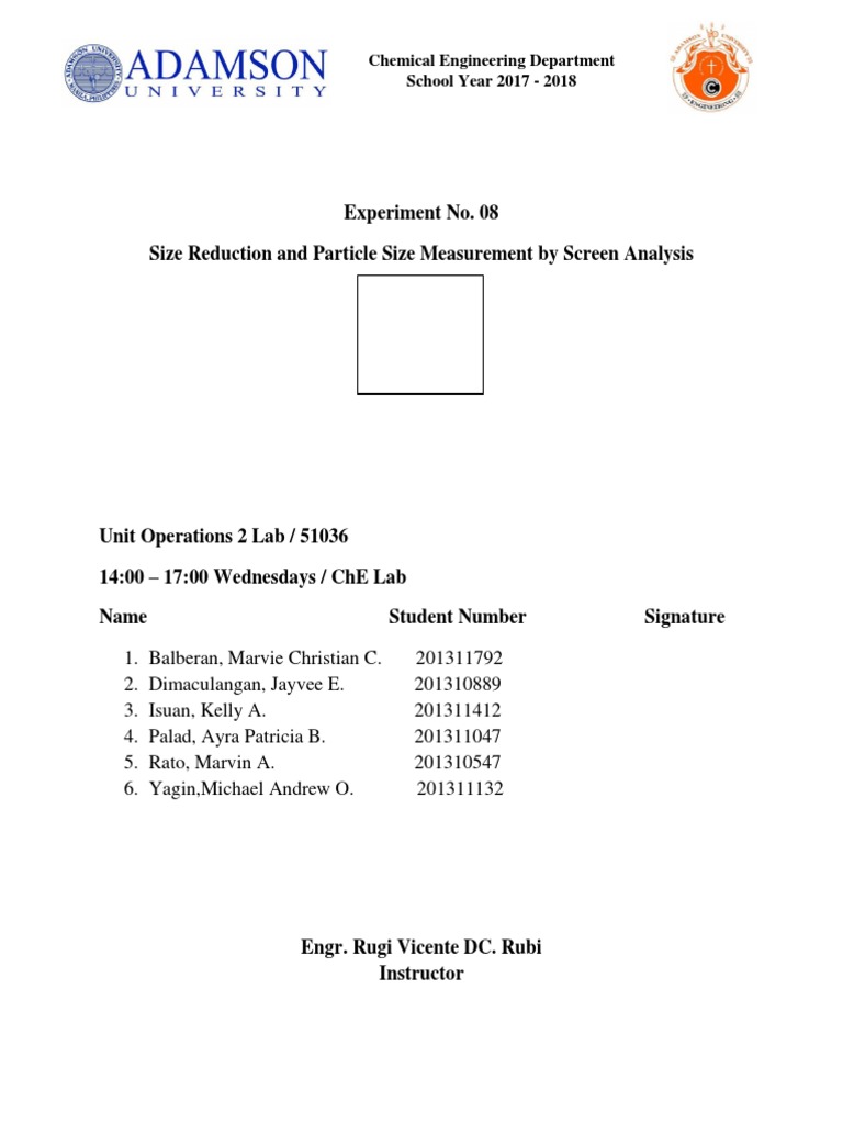 Experiment 8 Size Reduction and Particle Size Measurement by Screen ...