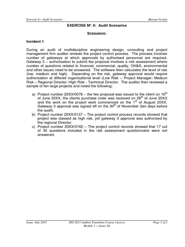 EXERCISE Nº. 6: Audit Scenarios S: Incident 1 | PDF | Audit | Risk ...