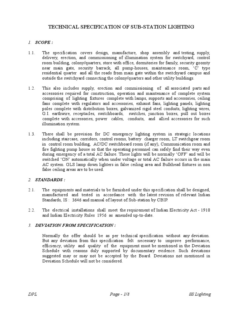Substation Lighting Technical Specs | PDF | Electrical Wiring | Lighting