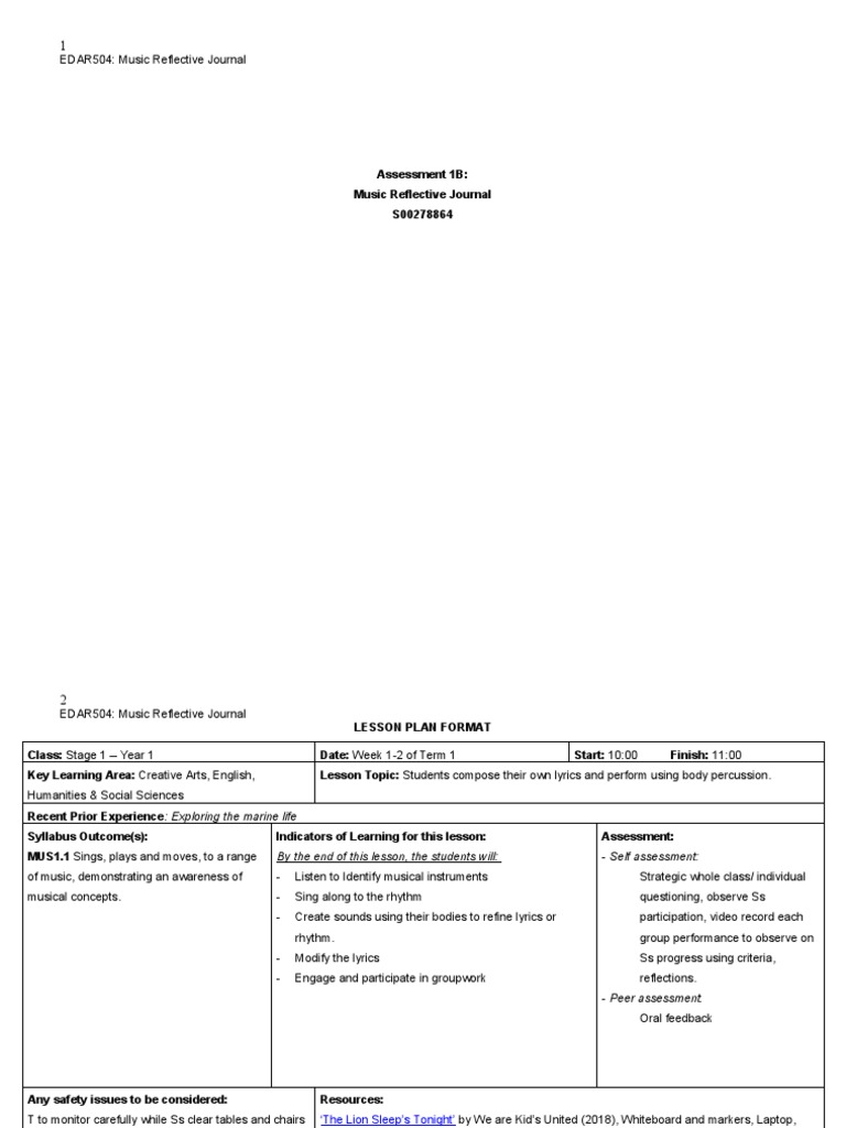 S00278864 - Music Reflective Journal - Final | PDF | Lesson Plan | Learning