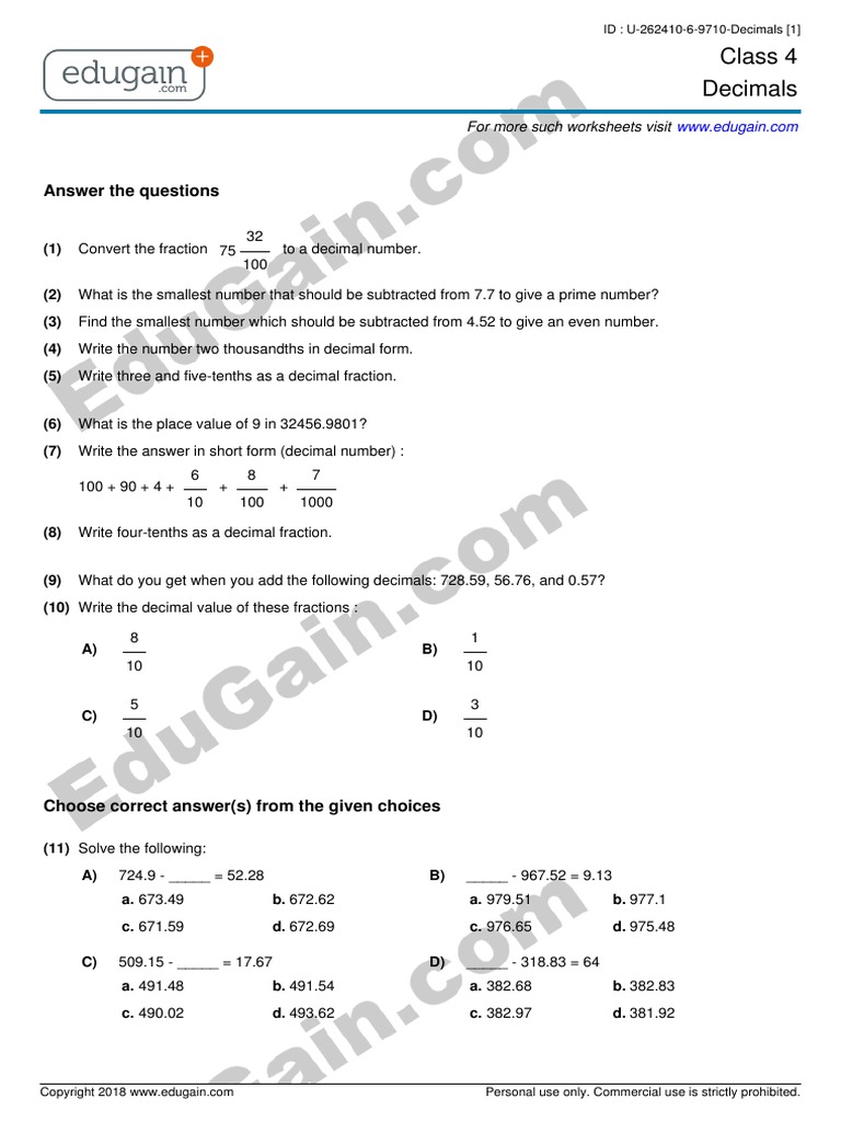 Class 4 Decimals: Answer The Questions | Download Free PDF | Numbers ...