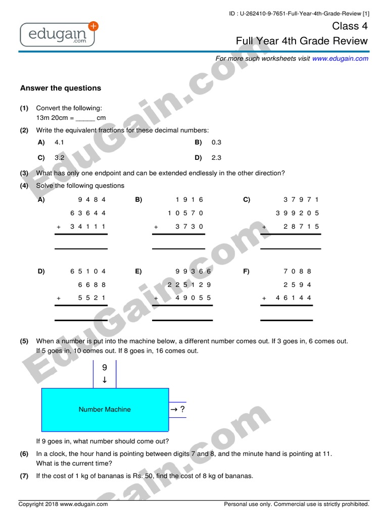 Class 4 Full Year 4th Grade Review: Answer The Questions | Download ...