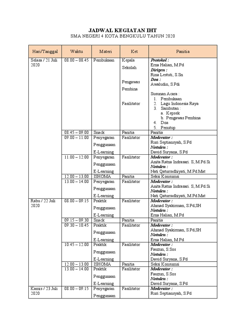 Jadwal Kegiatan Iht 2020 | PDF