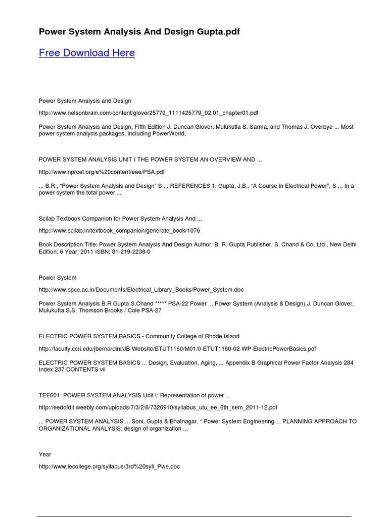 Free Download Here: Power System Analysis and Design Gupta PDF | PDF ...