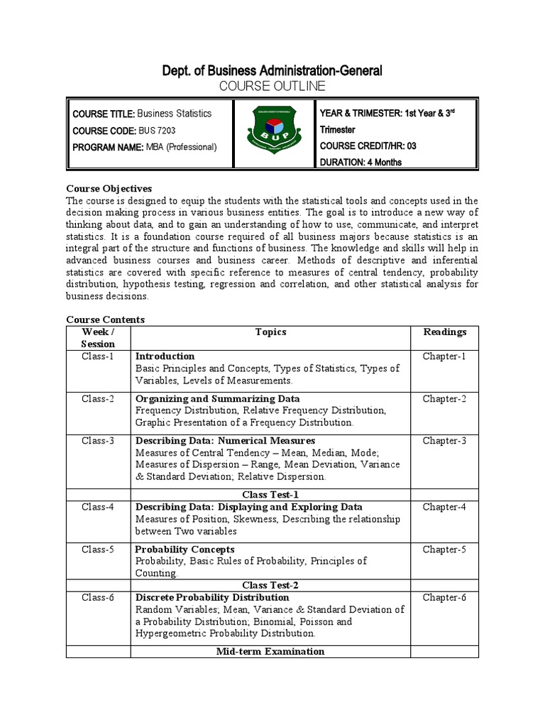 Course Outline - BUP | PDF | Probability Distribution | Statistics