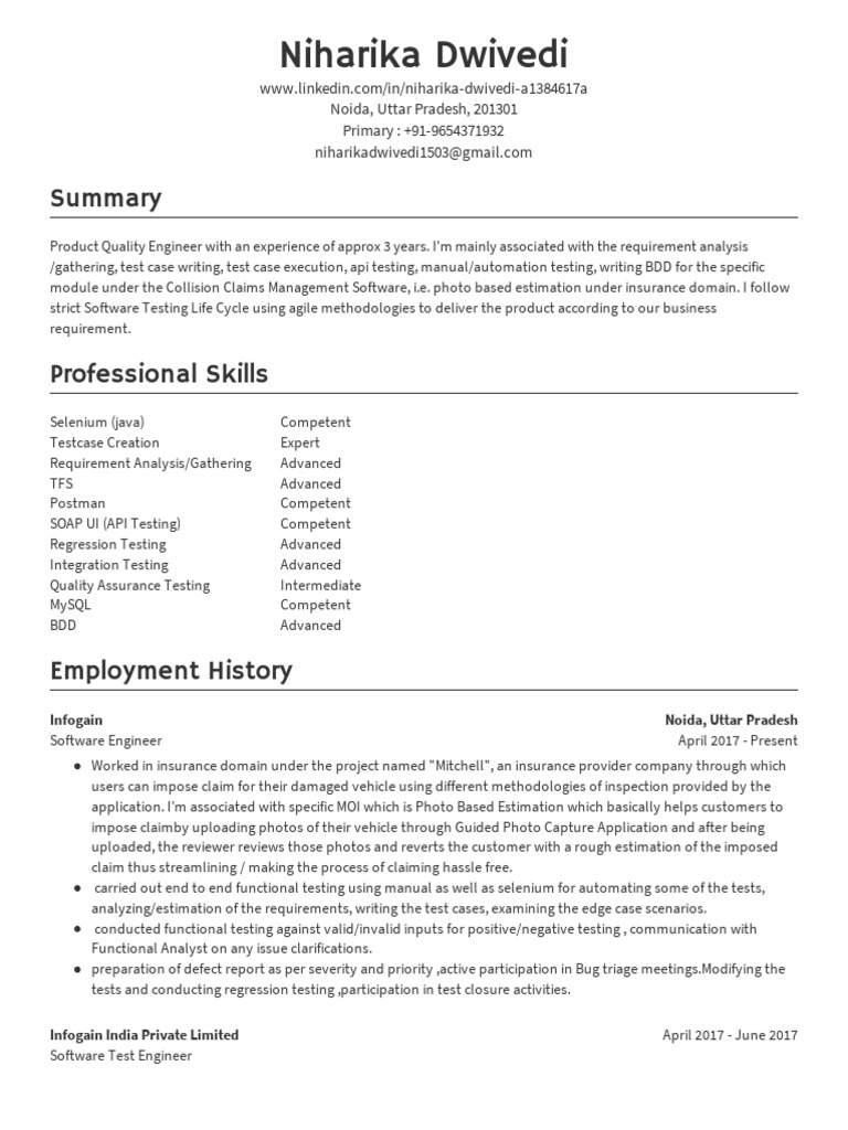 Niharika Dwivedi's Resume: Product Quality Engineer with Experience in Requirements Analysis ...