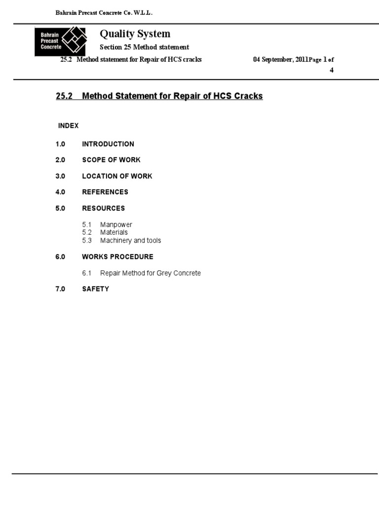 Quality System: 25.2 Method Statement For Repair of HCS Cracks | PDF ...