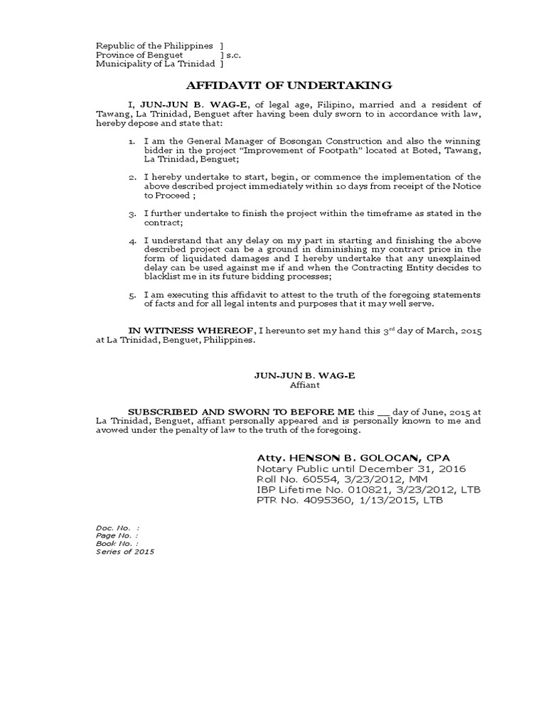 Affidavit of Undertaking-Contractor | PDF | Affidavit | Common Law