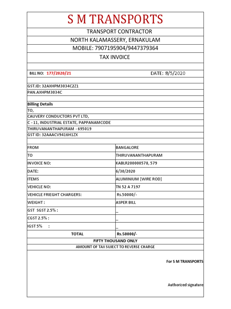 Transport Invoice for Cauvery Conductors | PDF