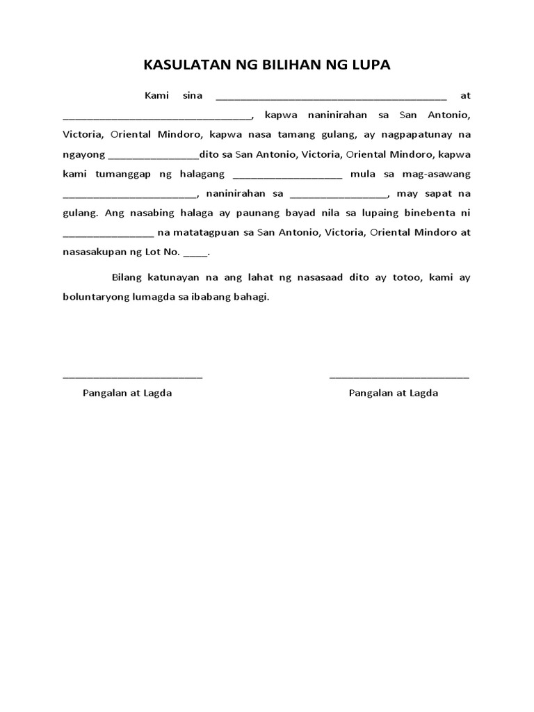 Kasunduan Sa Pagbebenta NG Lupa | PDF