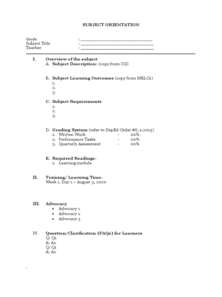 Subject Orientation Overview | PDF