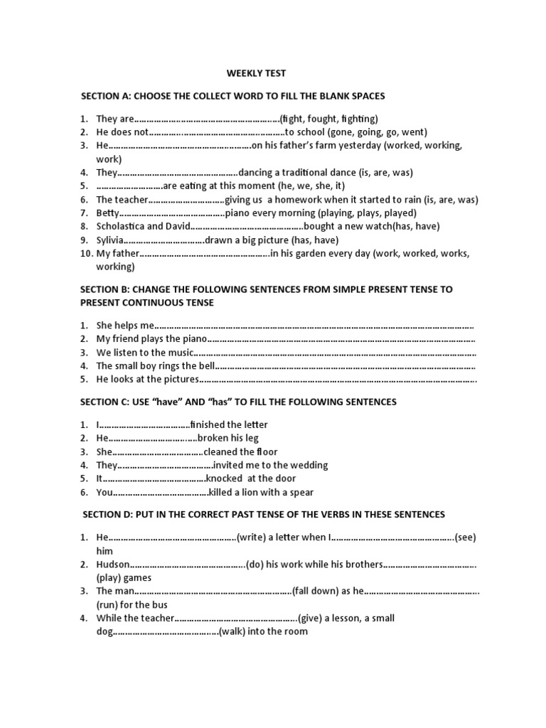 Weekly test practice with verb tenses | PDF