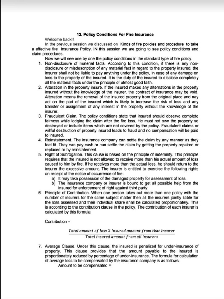 Policy Conditions For Fire Insurance | PDF